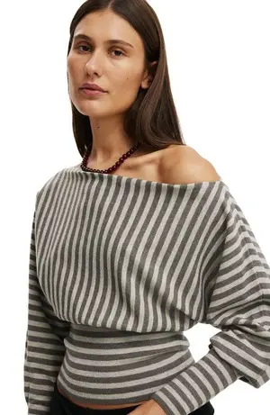 COTTON ON Everfine Ls Batwing Knit - Tonal Grey Stripe