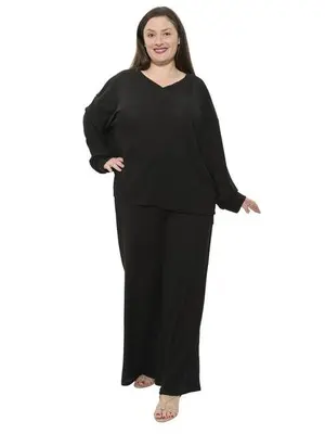 24SEVEN COMFORT APPAREL V-Neck Waffle Knit Lounge Set Black