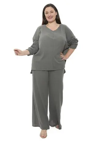 24SEVEN COMFORT APPAREL V-Neck Waffle Knit Lounge Set Grey