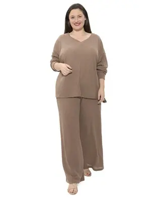 24SEVEN COMFORT APPAREL V-Neck Waffle Knit Lounge Set Taupe