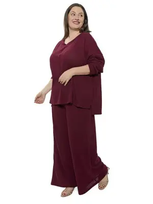 24SEVEN COMFORT APPAREL V-neck Waffle Knit Lounge Set - Wine