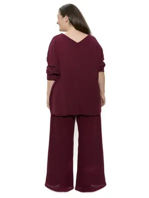24SEVEN COMFORT APPAREL V-neck Waffle Knit Lounge Set - Wine