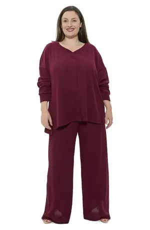 24SEVEN COMFORT APPAREL V-neck Waffle Knit Lounge Set - Wine