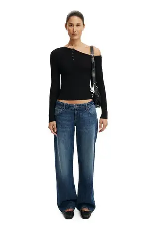 COTTON ON One Shoulder Henley Knit - Black