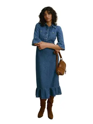 Mint Velvet Ruffle Hem Denim Midi Shirt Dress - Blue