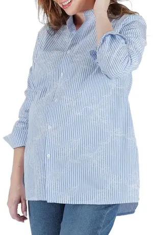 CACHE COEUR Camille Striped Button-up Maternity/nursing Top With Embroidery