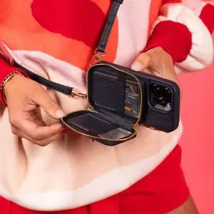 CASUPO Leather Iphone Case With Wallet And Crossbody Strap - Black