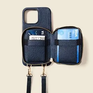 CASUPO Leather Iphone Case With Wallet And Crossbody Strap15 Pro - Navy