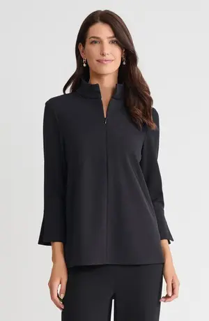 Ming Wang Deco Crepe Zip Front Blouse - Black