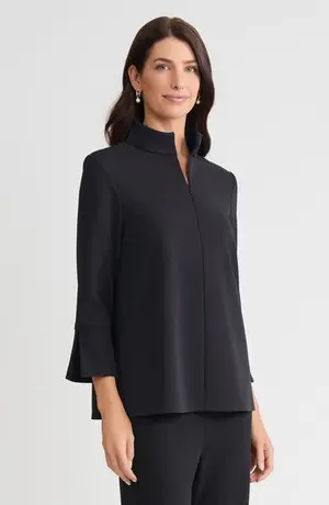 Ming Wang Deco Crepe Zip Front Blouse - Black
