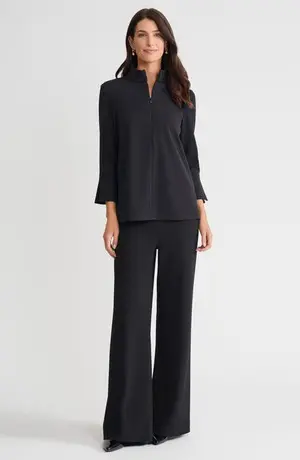 Ming Wang Deco Crepe Zip Front Blouse - Black