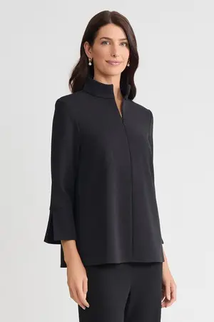 Ming Wang Deco Crepe Zip Front Blouse - Black