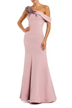Mac Duggal Crepe Floral Beaded Off-the-shoulder Mermaid Gown