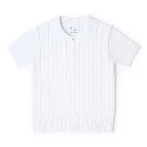 FLORENCE EISEMAN Short Sleeve Cable Polo Sweater - White