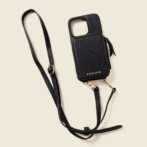 CASUPO Leather Iphone Case With Wallet And Crossbody Strap - Black