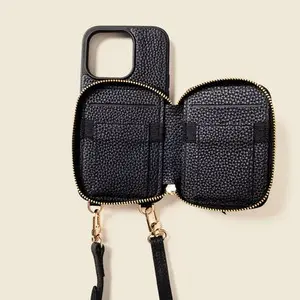 CASUPO Leather Iphone Case With Wallet And Crossbody Strap - Black