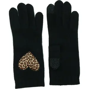 Portolano Cashmere Tech Gloves With Heart Patch - Black/leopard