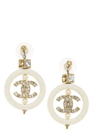 Chanel Crystal 'cc' Drop Earrings - White