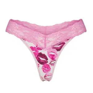 SKIMS Lightweight Cotton Wide Lace Thong - Pink Allover Lipstick