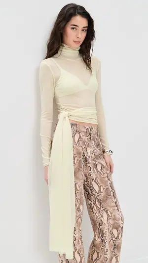 SIEDRES Alba Sheer Turtleneck Top With Tie Waist
