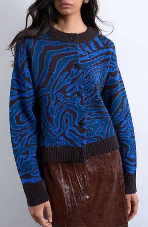 Topshop Animal Pattern Jacquard Cardigan - Blue