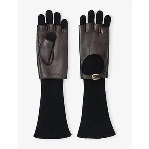 Sandro Long Knitted And Leather Gloves - Black