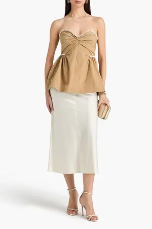 KIKA VARGAS Hebe Strapless Faux Pearl-embellished Woven Top - Sand