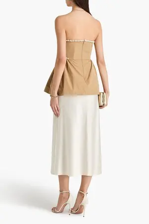 KIKA VARGAS Hebe Strapless Faux Pearl-embellished Woven Top - Sand