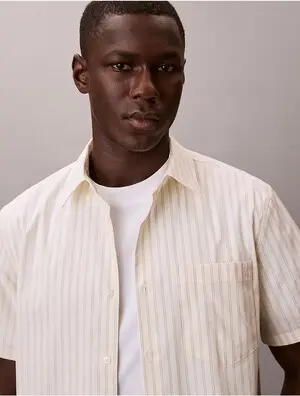 Calvin Klein Cotton Stretch Stripe Short Sleeve Button-down Shirt - Papyrus