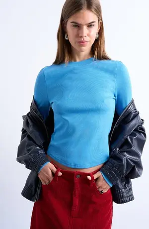 Topshop Long Sleeve Ribbed Top - Medium Blue