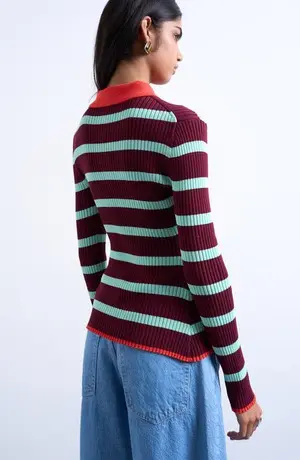 Topshop Stripe Long Sleeve Rib Polo