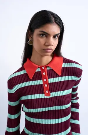 Topshop Stripe Long Sleeve Rib Polo