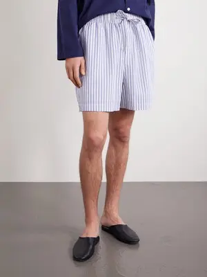 TEKLA Straight-leg Striped Organic Cotton-poplin Shorts - Blue