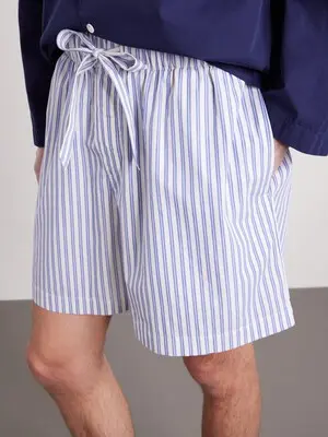 TEKLA Straight-leg Striped Organic Cotton-poplin Shorts - Blue