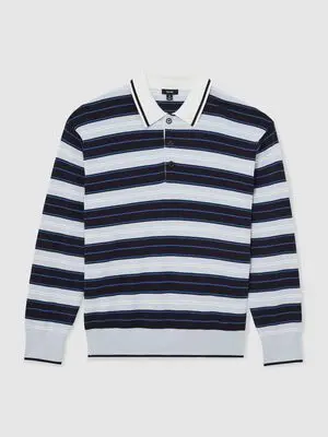 REISS Rugby-stripe Half-button Jumper - Blue Multi