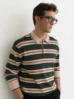 REISS Rugby-stripe Half-button Jumper - Green Multi