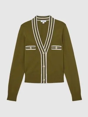 REISS Danni Tipped Button-through Cardigan - Green/ivory
