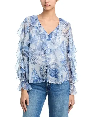 Aqua Seashell Toile Ruffle Long Sleeve Top With Camisole