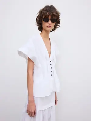 HOUSE OF DAGMAR Pleated V-neck Cap Sleeve Top - White