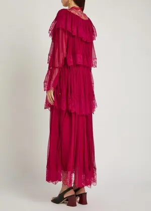 Chloé Ruffled Lace-trim Tiered Silk Maxi Dress - Pink