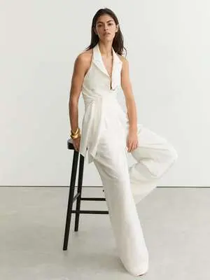 REISS Taya Tie-Front Wide-Leg Jumpsuit Ivory Cream