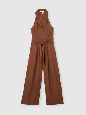 REISS Taya Tie-front Wide-leg Jumpsuit - Rust Orange
