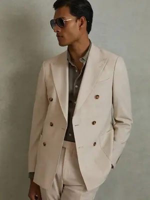 REISS Belmont Tailored Fit Double-breasted Suit Jacket With Wool - Stone