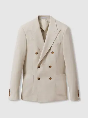 REISS Belmont Tailored Fit Double-breasted Suit Jacket With Wool - Stone
