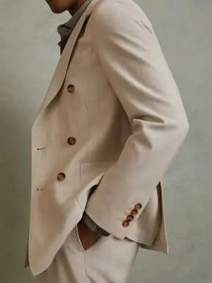 REISS Belmont Tailored Fit Double-breasted Suit Jacket With Wool - Stone