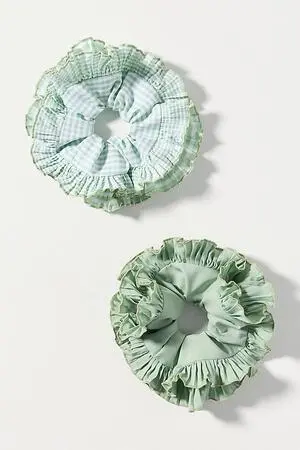 Anthropologie Gingham Scrunchies Set Of 2 - Green Gingham/gren Solid