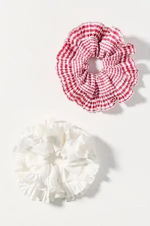 Anthropologie Gingham Scrunchies Set Of 2 - Red Gingham/ivory Solid