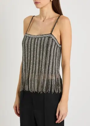 Alice + Olivia Embellished Fringed Stretch-mesh Top - Black