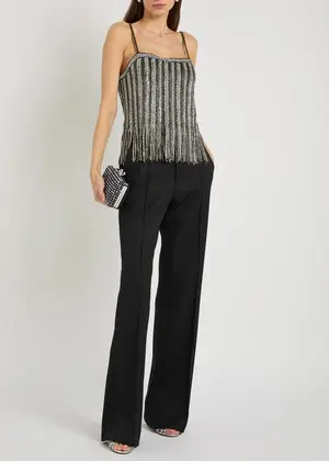 Alice + Olivia Embellished Fringed Stretch-mesh Top - Black