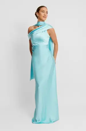 SIX STORIES One Shoulder Drape Maxi Dress - Turquoise